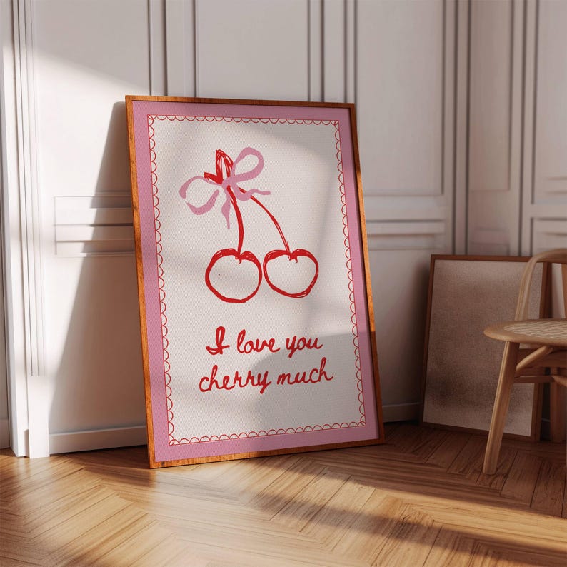Cherry Print,cherry Wall Art, Cherry Digital Print, Pink Bow Print ...