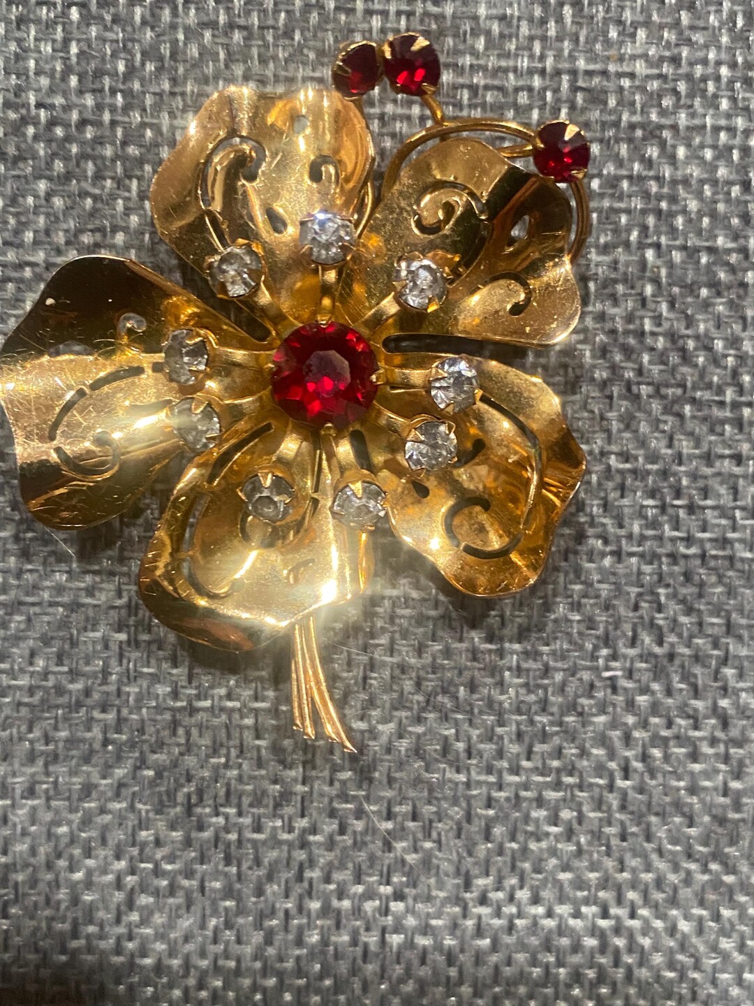 1940s Goldstone Floral Pin, Red & White Rhinestone Accent - Etsy