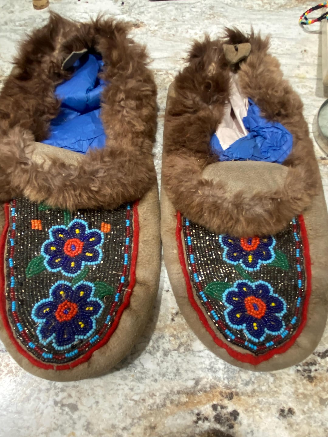 Rare Beaver Trimmed Pair Vintage Hand Beaded Leather Moccasins - Etsy