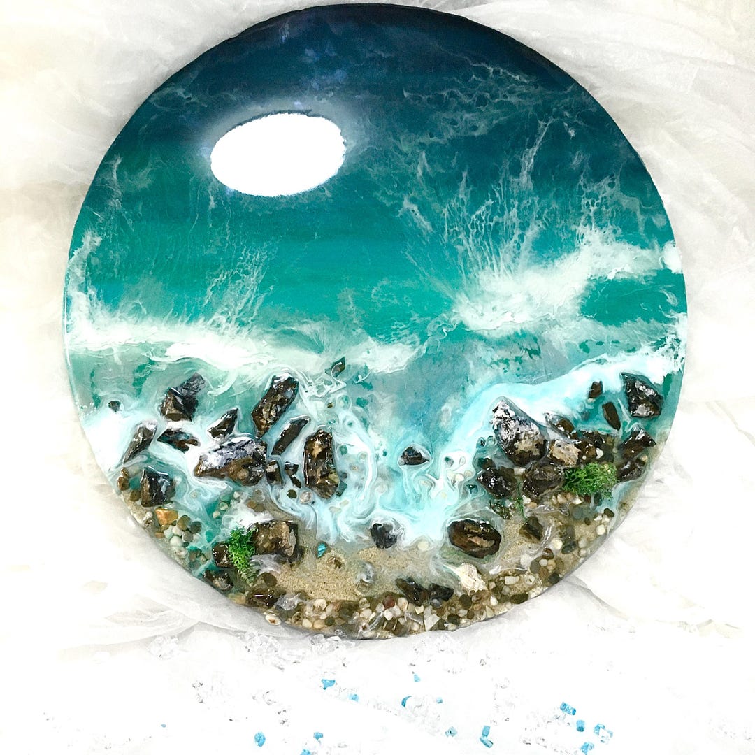 Handpainted, Textured, Epoxy Resin Art With Natural Rocks and Shells ...