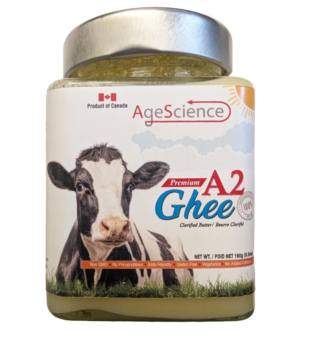 Agescience A2 Cow Ghee, Canadian Made - 180 Grams (6.34oz), A2 Milk, First Time in Canada, Keto ...