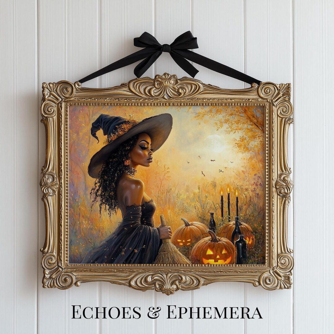 Vintage Halloween Witch Oil Painting - Enchanting Witch With Pumpkins ...