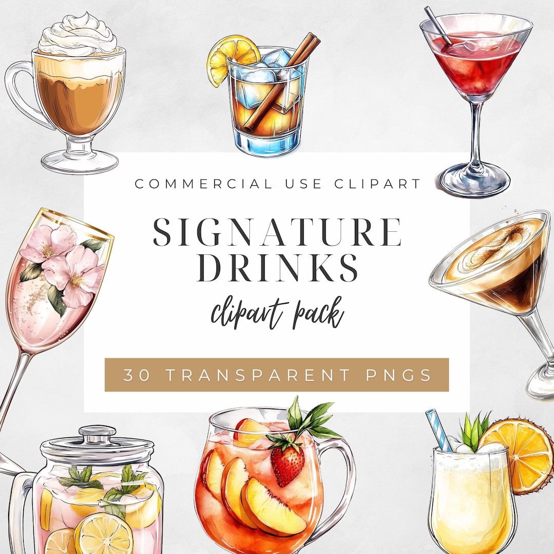 Signature Drink Clipart Bundle - 30 Sketchy Style Drawing Cocktail Pngs ...