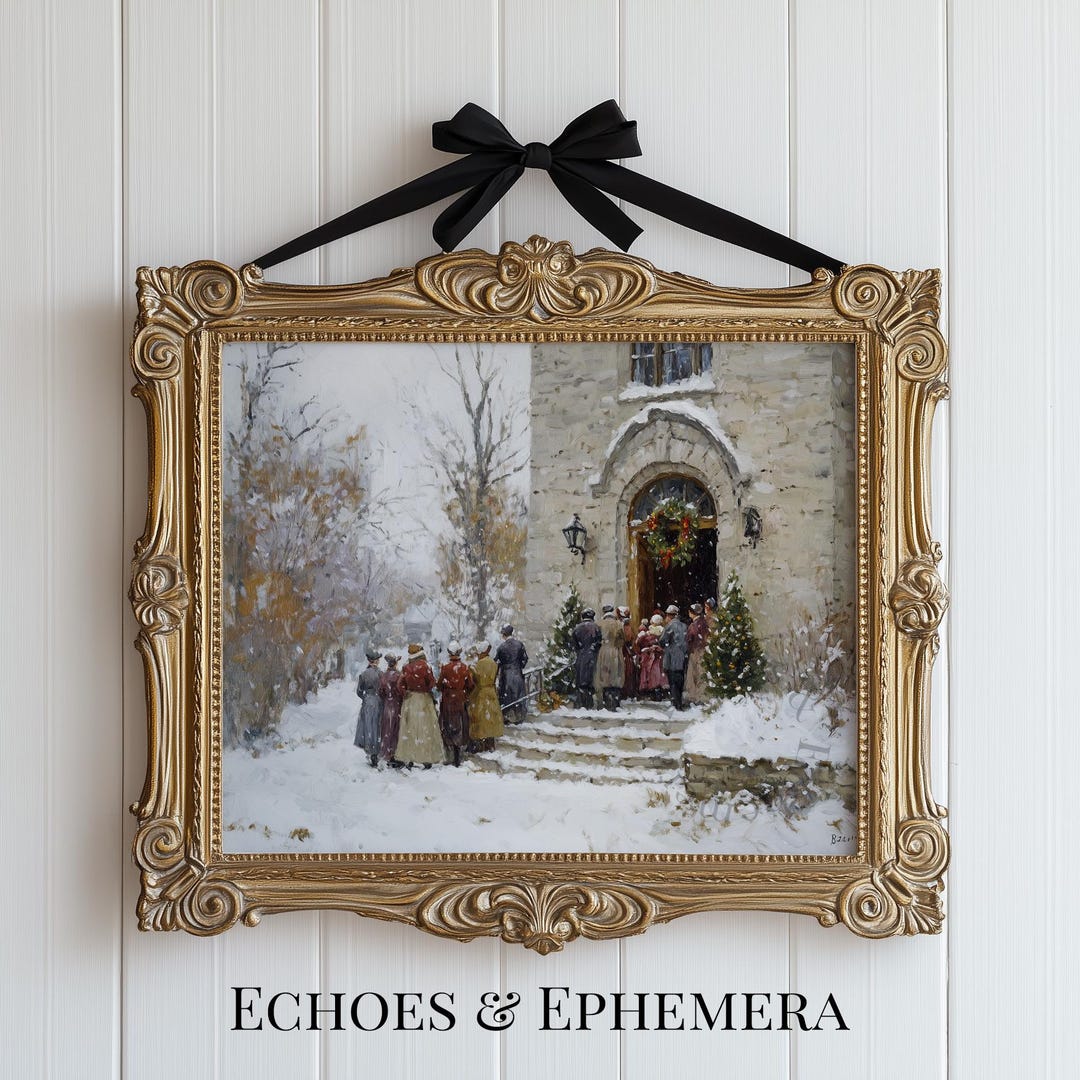 Victorian Christmas Church Scene - Printable Oil Painting, Snowy ...