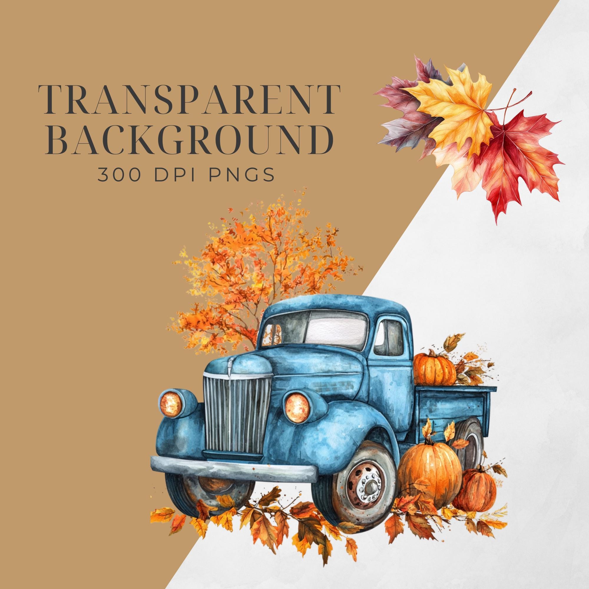 Fall Blue Truck Clipart - Vintage Watercolor Farm Truck - Autumn Pickup ...