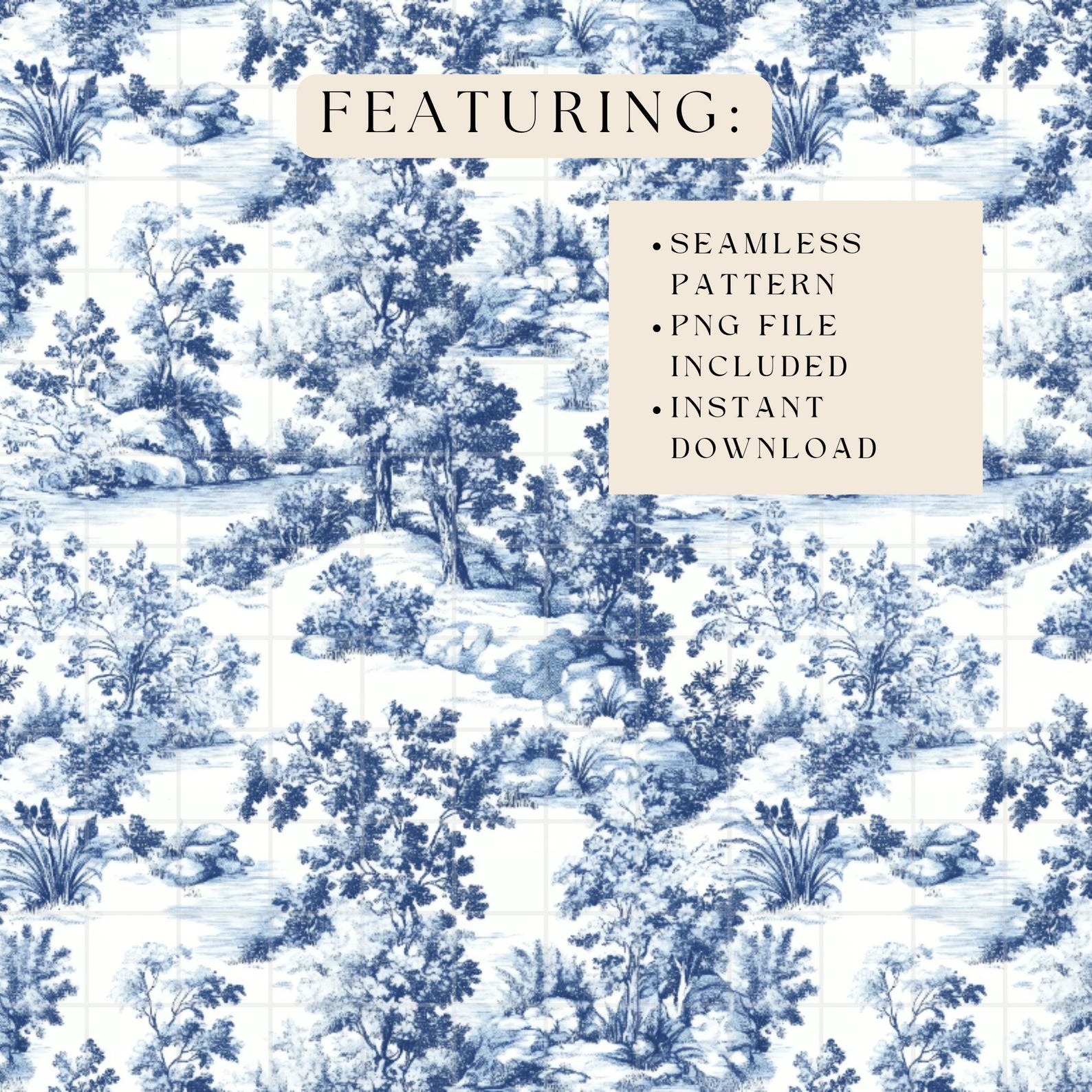 Blue Toile Seamless Pattern - Chinoise Monochromatic Trees Meadows ...