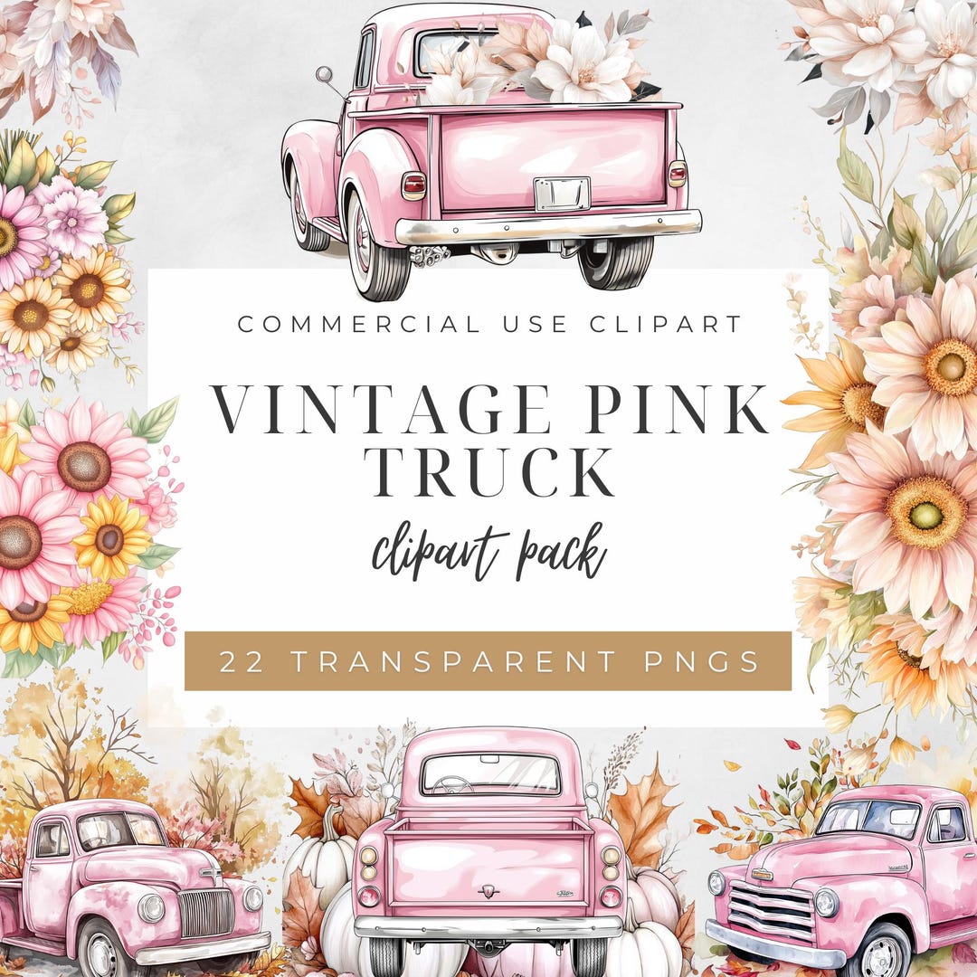 Pink Truck Clipart - Vintage Watercolor Farm Truck - Autumn Pickup ...