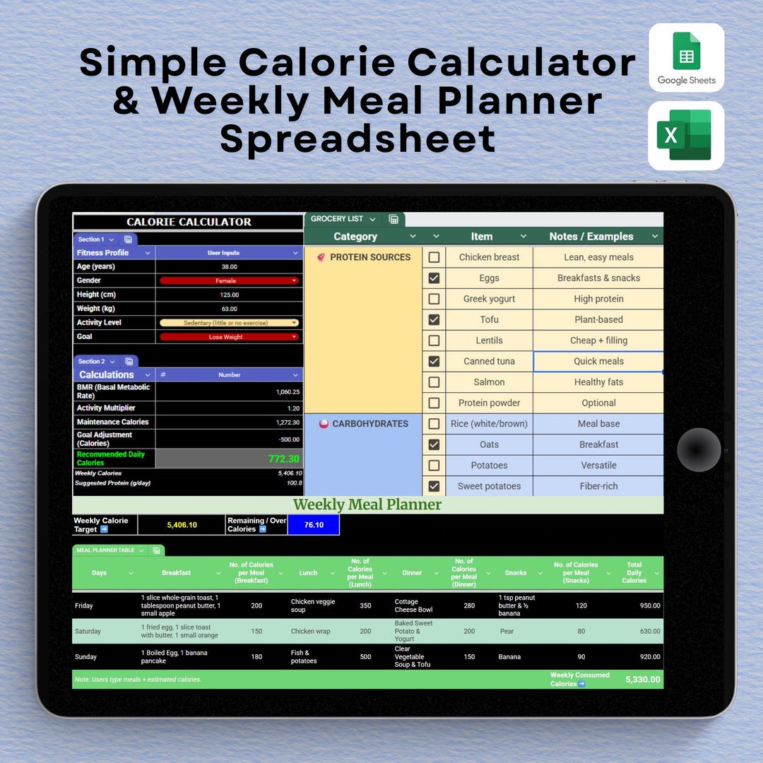 Simple Calorie Calculator | Meal Planner & Grocery List - Etsy