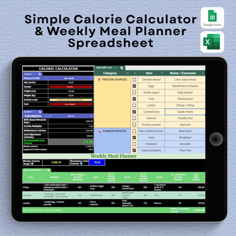 Simple Calorie Calculator | Meal Planner & Grocery List - Etsy