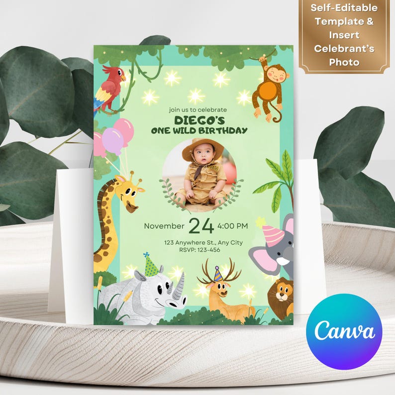 Safari Birthday Invitation With Celebrant Photo | Editable Canva ...