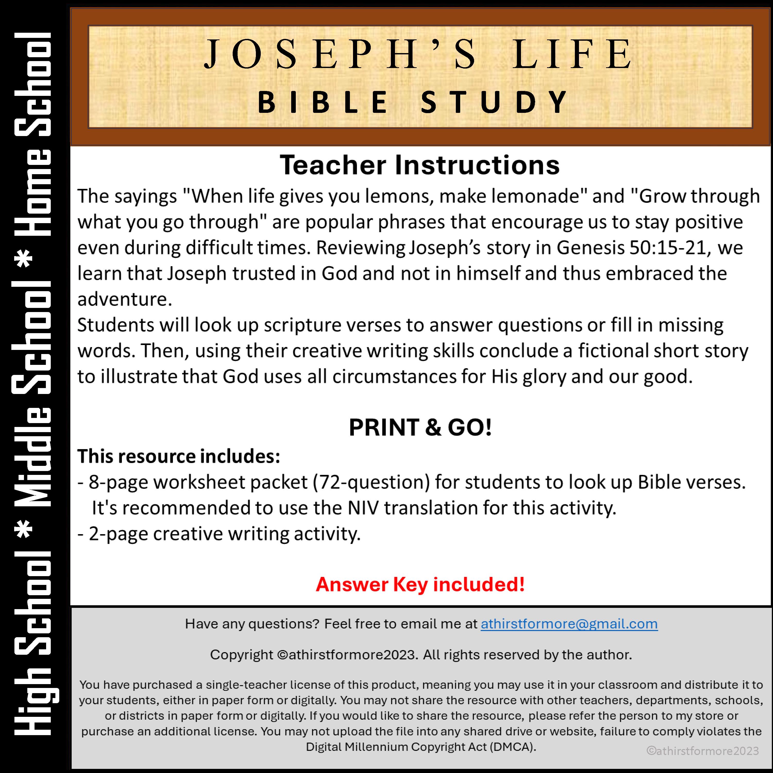 Joseph Bible Study Worksheet and Creative Writing Adventure Story ...