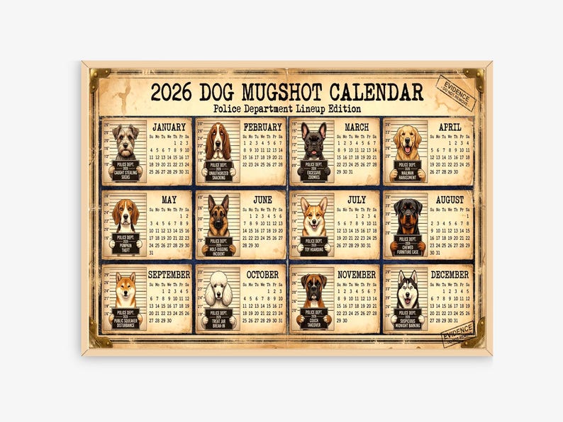 2026 Dog Mugshot Calendar - Vintage Police Lineup Art, Funny Dog Lover ...