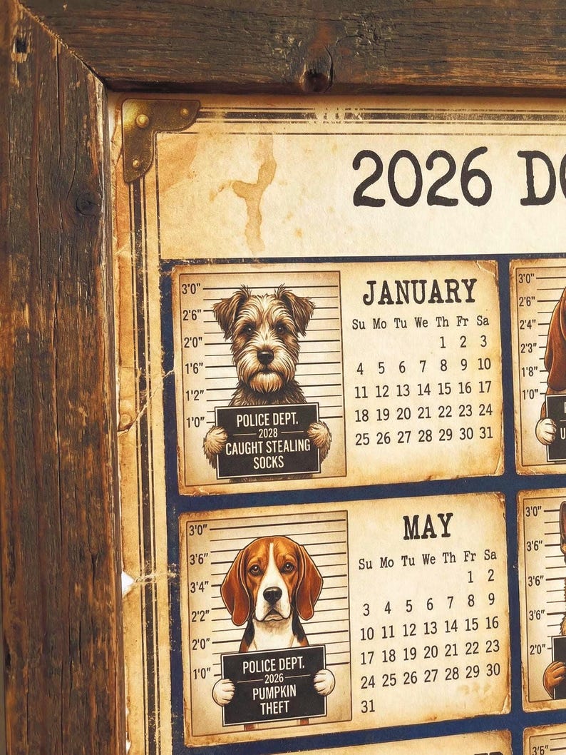 2026 Dog Mugshot Calendar - Vintage Police Lineup Art, Funny Dog Lover ...