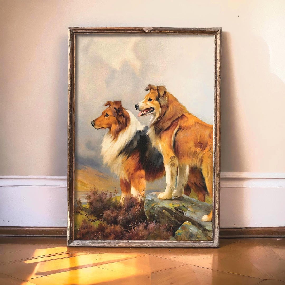 Vintage Border Collies Painting Print: Antique Dogs Fine Art, Animal ...