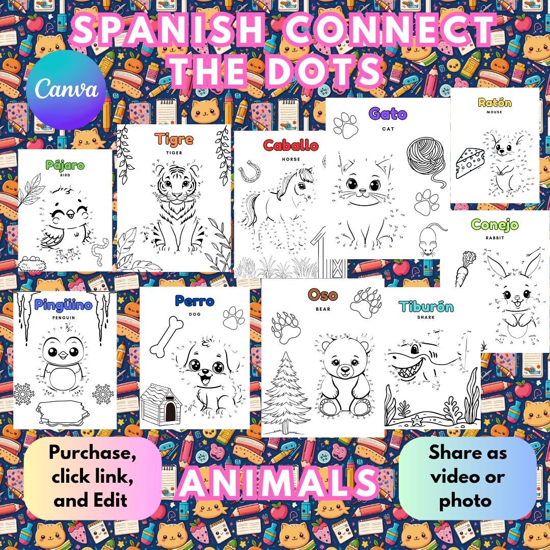 Set of 12 -connect the Dots Coloring Pages - Spanish Learning ...