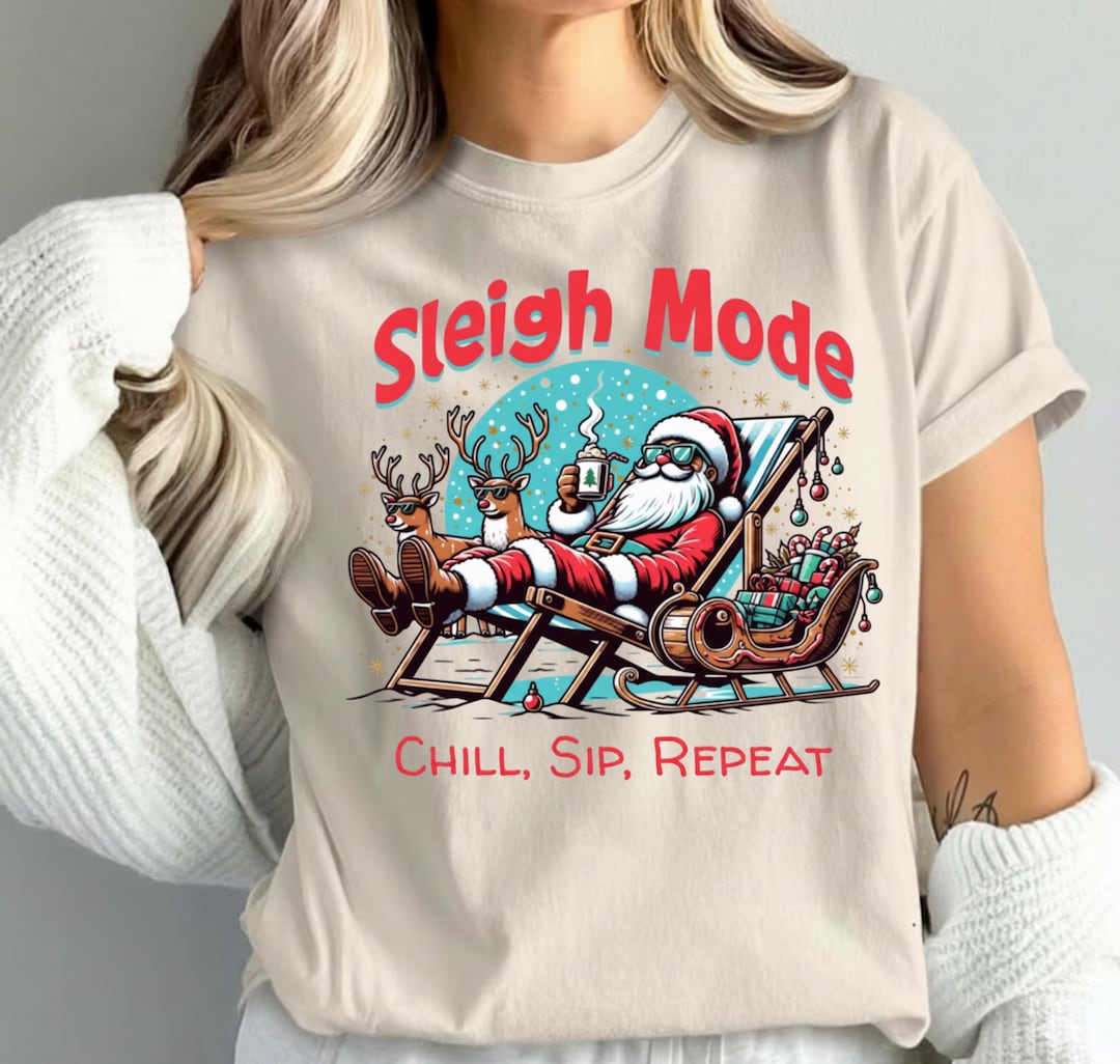 Sleigh Mode Santa Shirt | Funny Retro Holiday Tee | Christmas Party ...