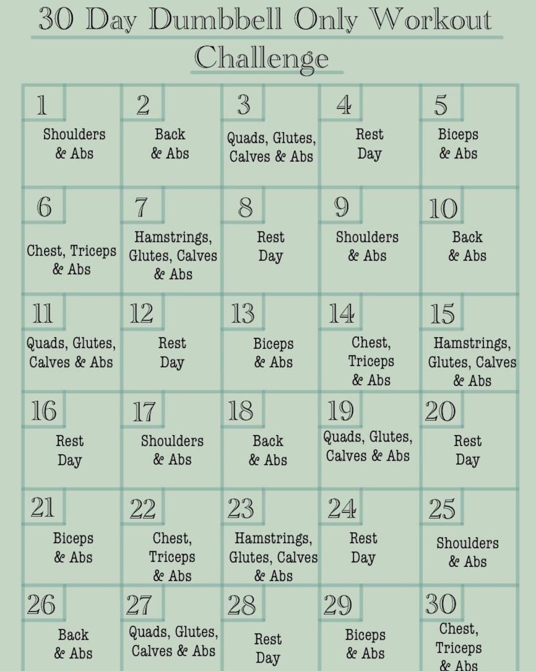 30 Day Dumbbell Only Workout Plan - Etsy
