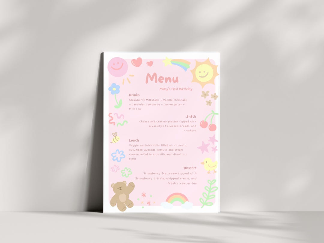 Cute Doodle Menu Template, Kids Party Menu, Cute Menu, Kawaii Menu ...