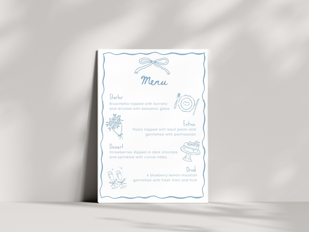 Elegant Coquette Menu, Coquette Menu for Party, Cute Party Menu, Blue ...