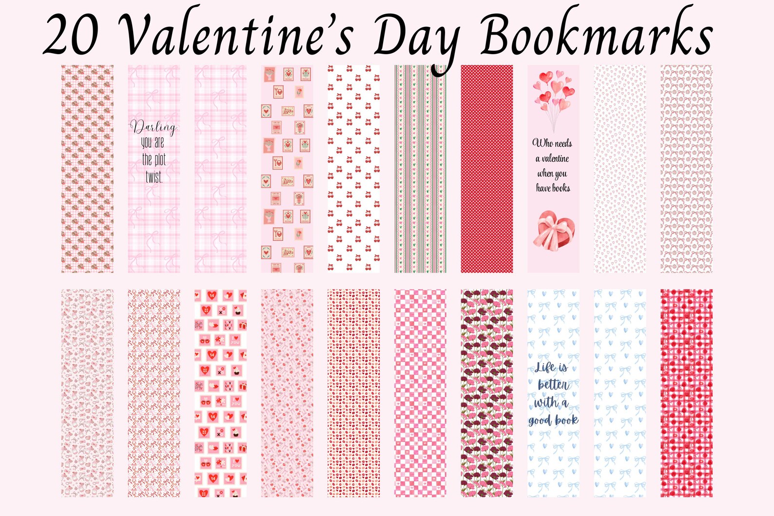 20 Valentine's Day Themed Printable Bookmarks Bundle, Printable ...