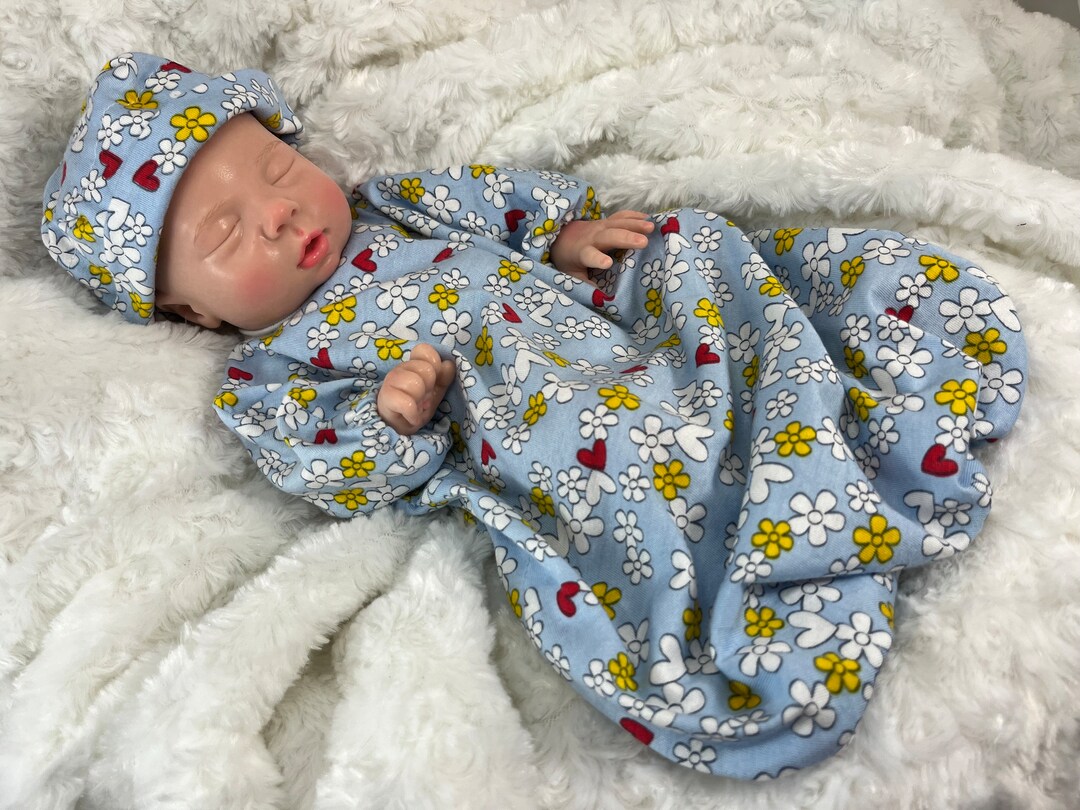 Blue Floral Sleep Sack and Hat Set for 13" Reborn Baby Doll, Silicone Baby Doll, Handmade Doll ...