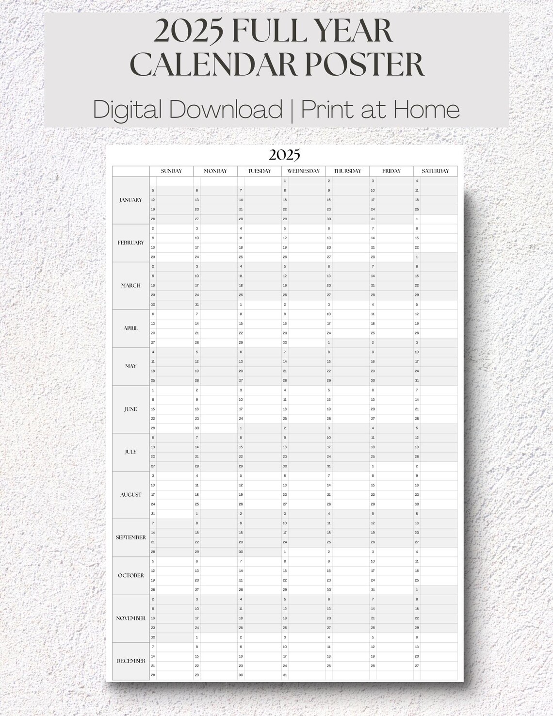 2025 Year at A Glance Calendar | Printable Wall Planner | One-page Full ...