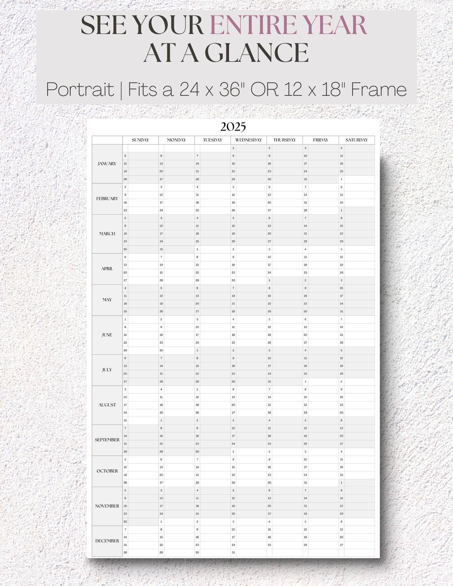2025 Year at A Glance Calendar | Printable Wall Planner | One-page Full ...