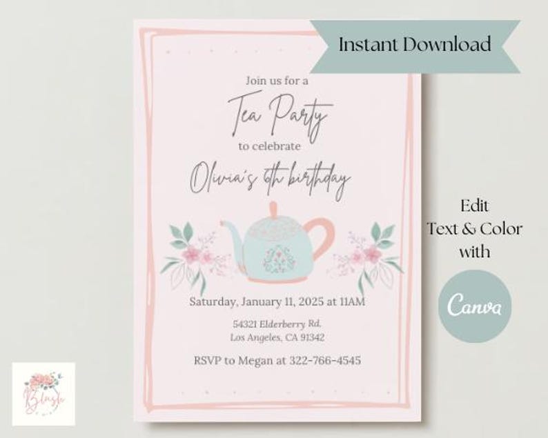 Kids Birthday Tea Party Invitation Digital Download Template- Fully ...
