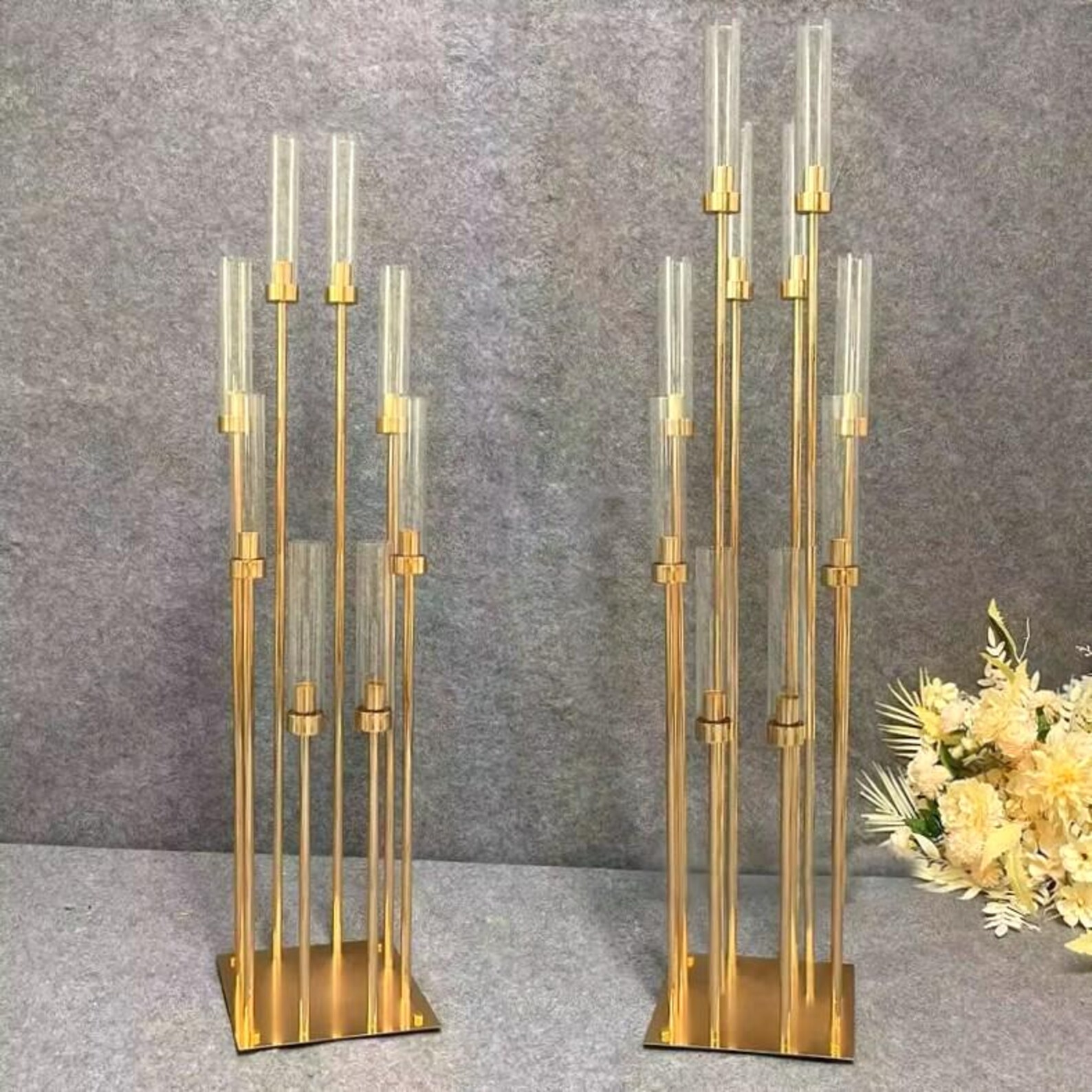 50" Gold 8-arm Candelabra With Crystal Hurricane Tubes: Elegant ...