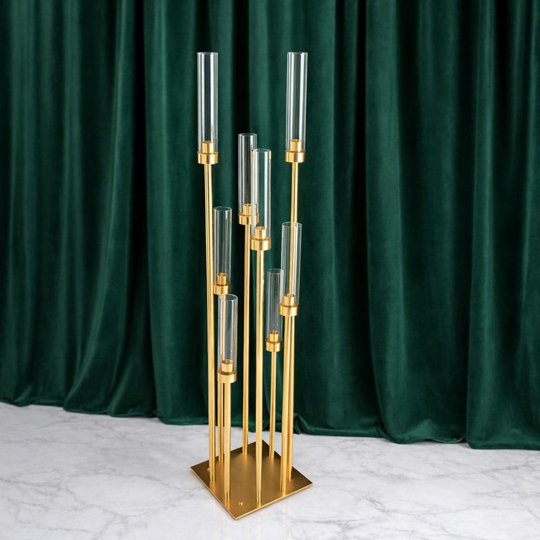 50" Gold 8-arm Candelabra With Crystal Hurricane Tubes: Elegant ...