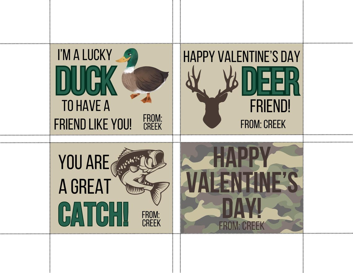 Customized Hunting & Fishing Valentines Kids Boys Classroom Cards Favor ...