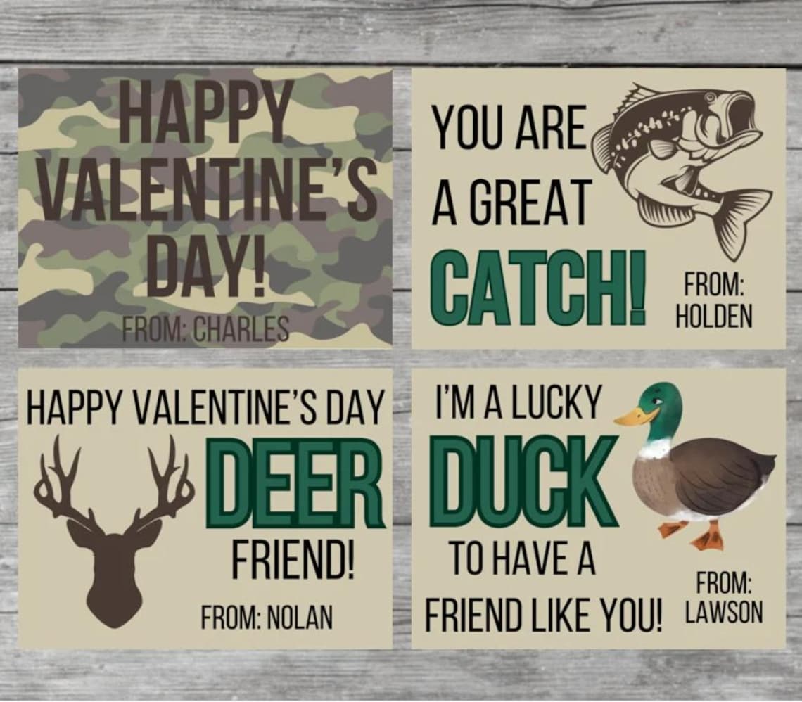 Customized Hunting & Fishing Valentines Kids Boys Classroom Cards Favor ...