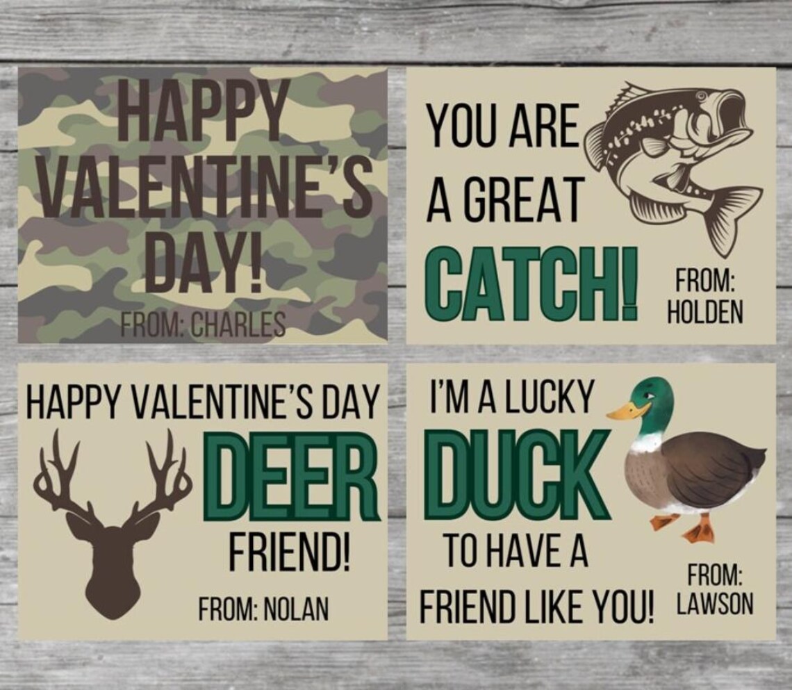 Customized Hunting & Fishing Valentines Kids Boys Classroom Cards Favor ...