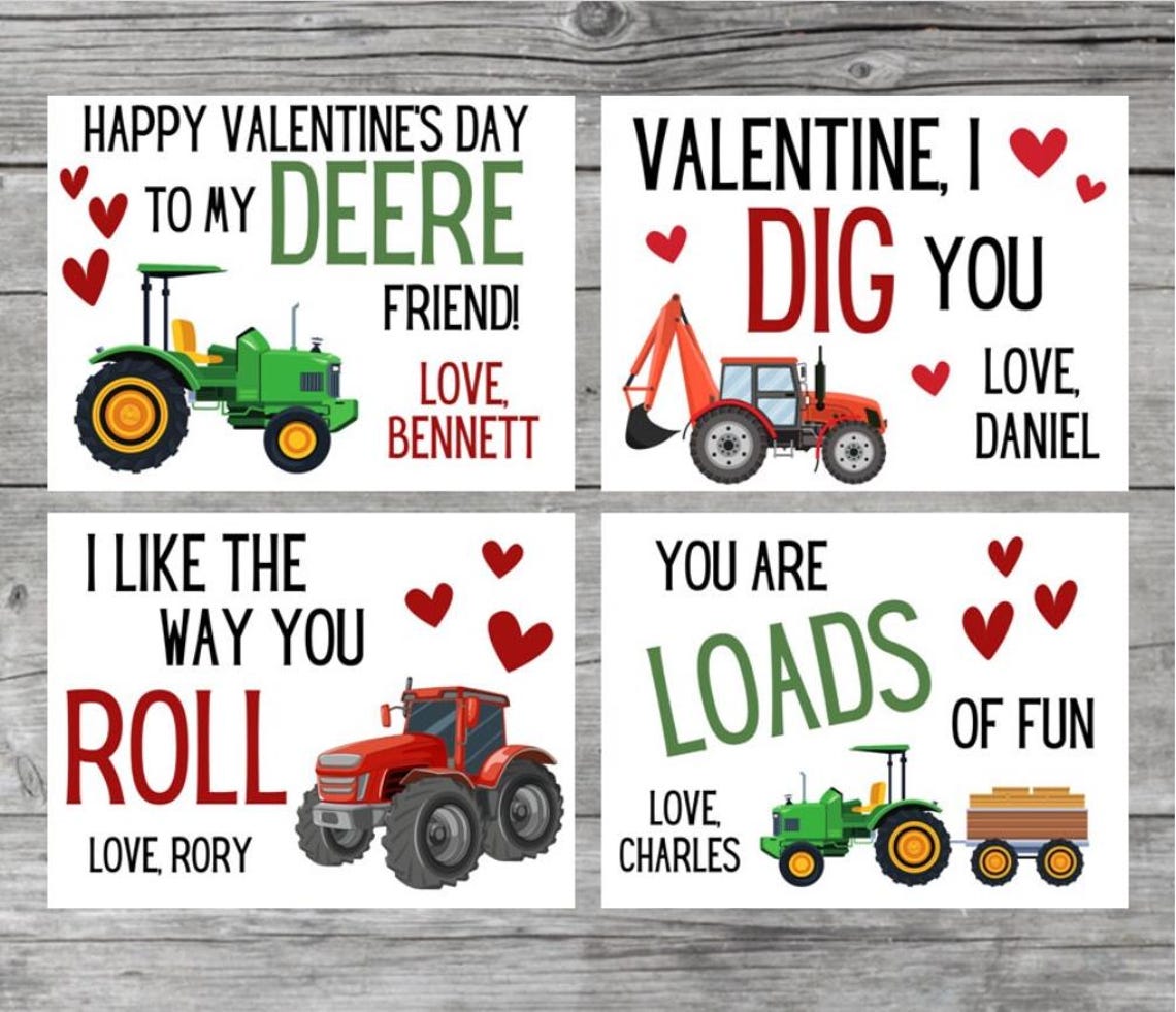 Customized Tractor Valentines Kids Boys Classroom Cards Favor Treat Bag ...