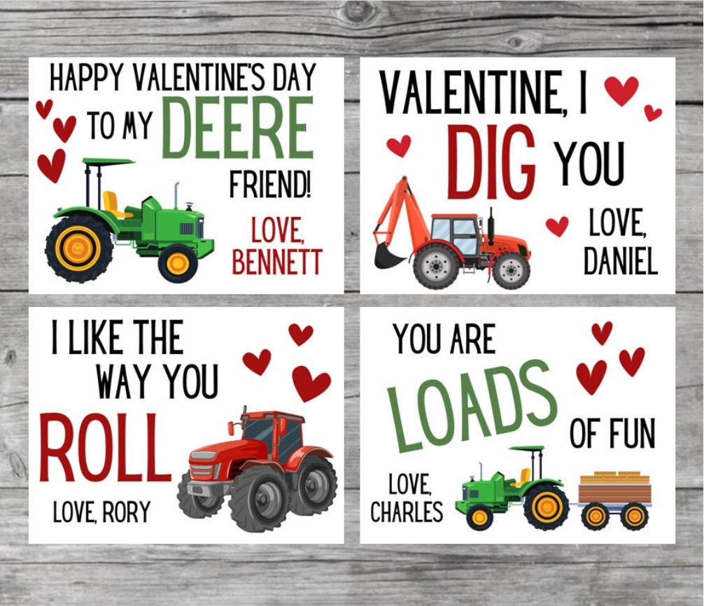Customized Tractor Valentines Kids Boys Classroom Cards Favor Treat Bag ...