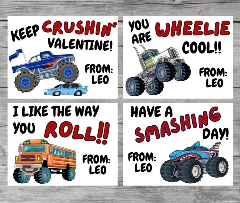 Monster Truck Valentines, Boys Classroom Cards With Baggie - Etsy