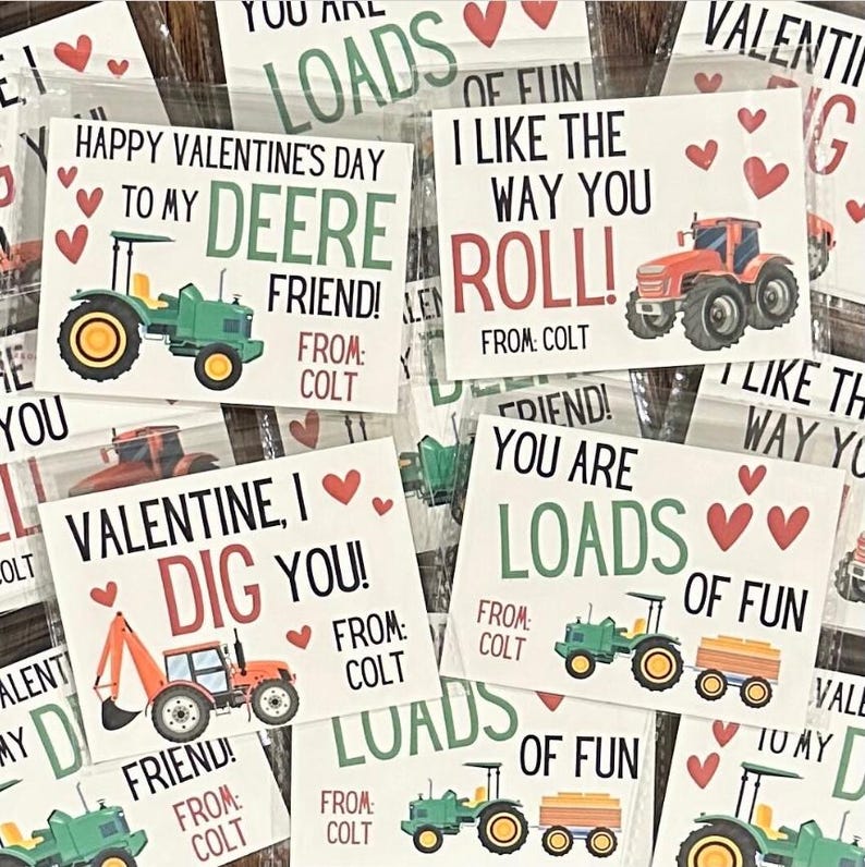 Customized Tractor Valentines Kids Boys Classroom Cards Favor Treat Bag ...