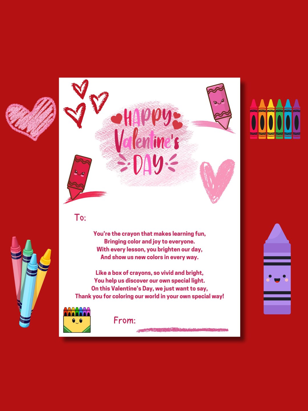 Printable Valentine Teacher Card, Valentine's Day, Crayon Theme - Etsy