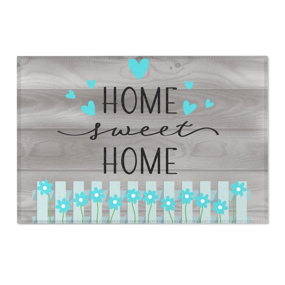 Home Sweet Home Rug 36x24 Gray & Black With Aqua Accents Fence With ...