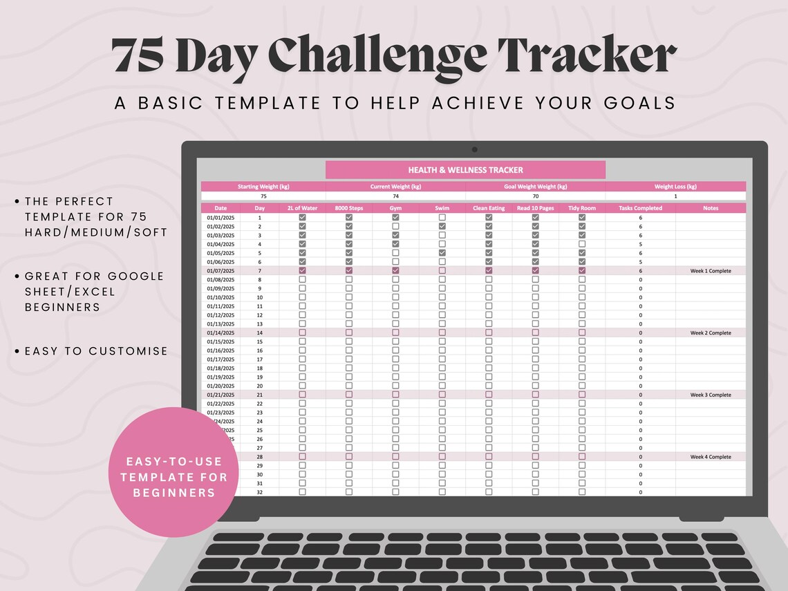 75 Day Challenge Tracker Spreadsheet 75 Hard 75 Medium 75 Soft Fitness ...