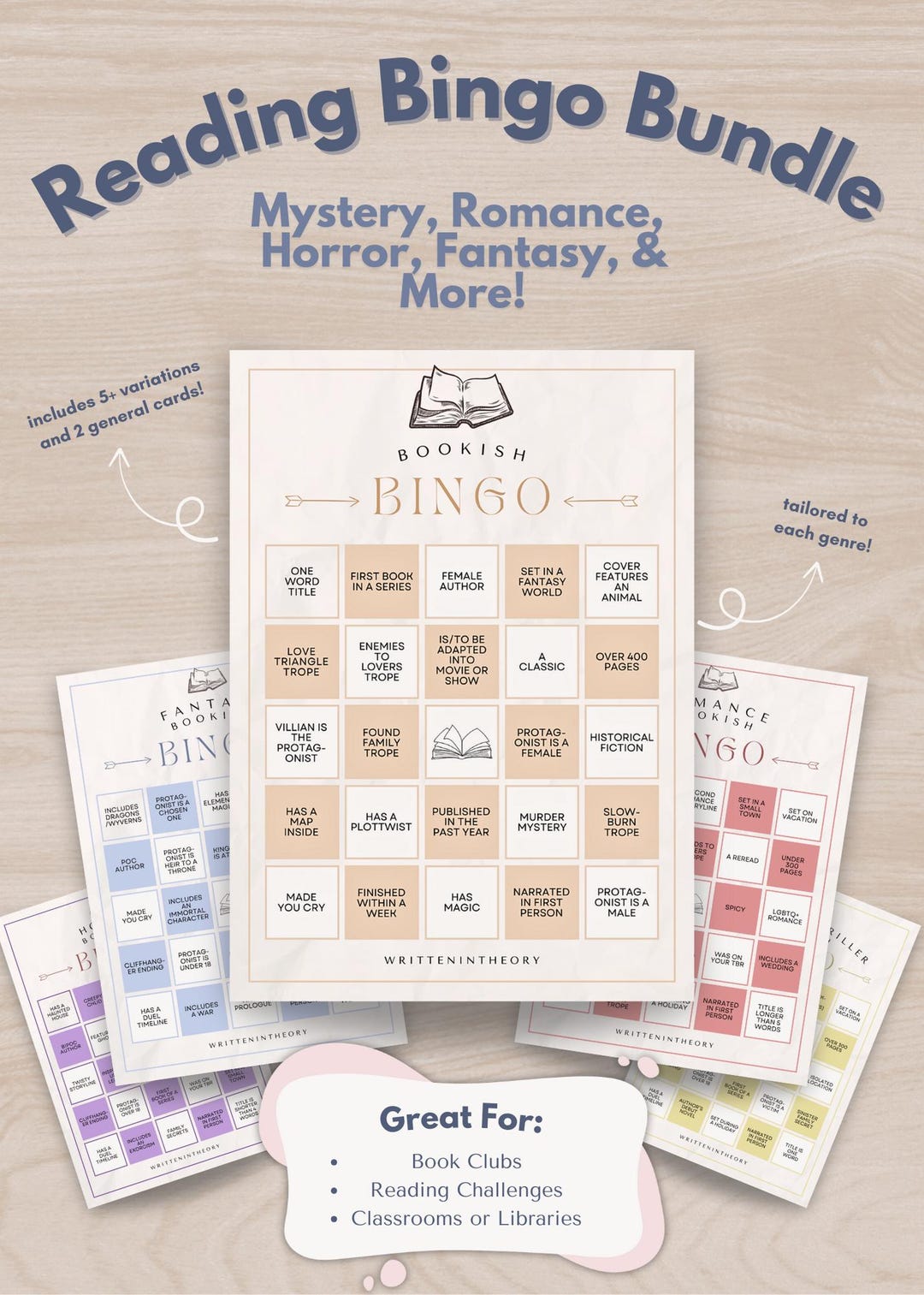 Themed Bingo Card Collection for Book Lovers | 5+ Variations Custom ...