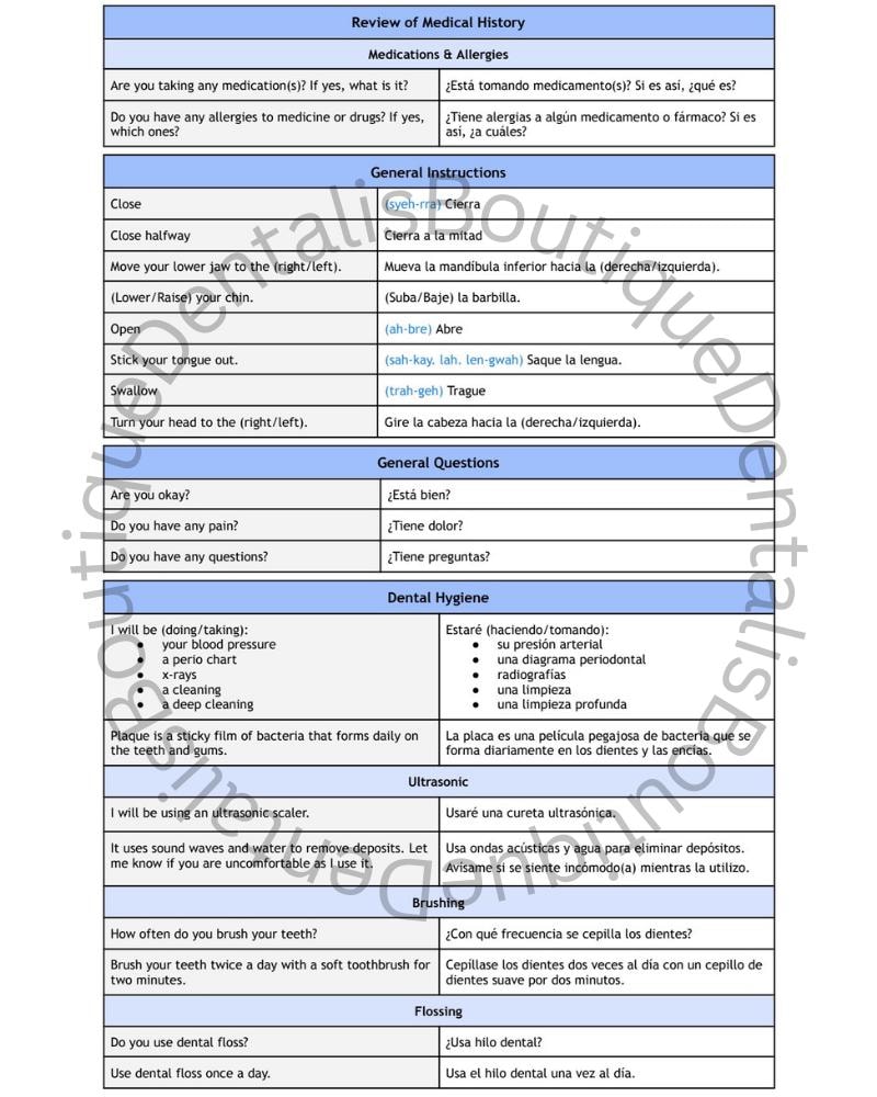 Dental Spanish Cheat Sheet, Dental Hygienist Student Gift Quick ...