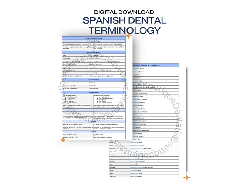 Dental Spanish Cheat Sheet, Dental Hygienist Student Gift Quick ...