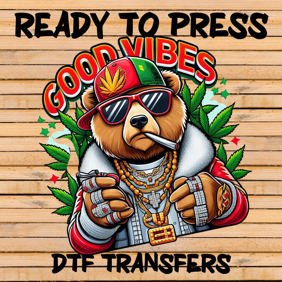 Good Vibes DTF Transfer | Ready to Press Rasta Bear Heat Transfer ...