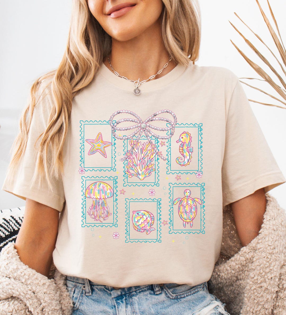 Nautical Sea Animals Shirt, Coquette Bow Marine Life T-shirt, Coastal ...