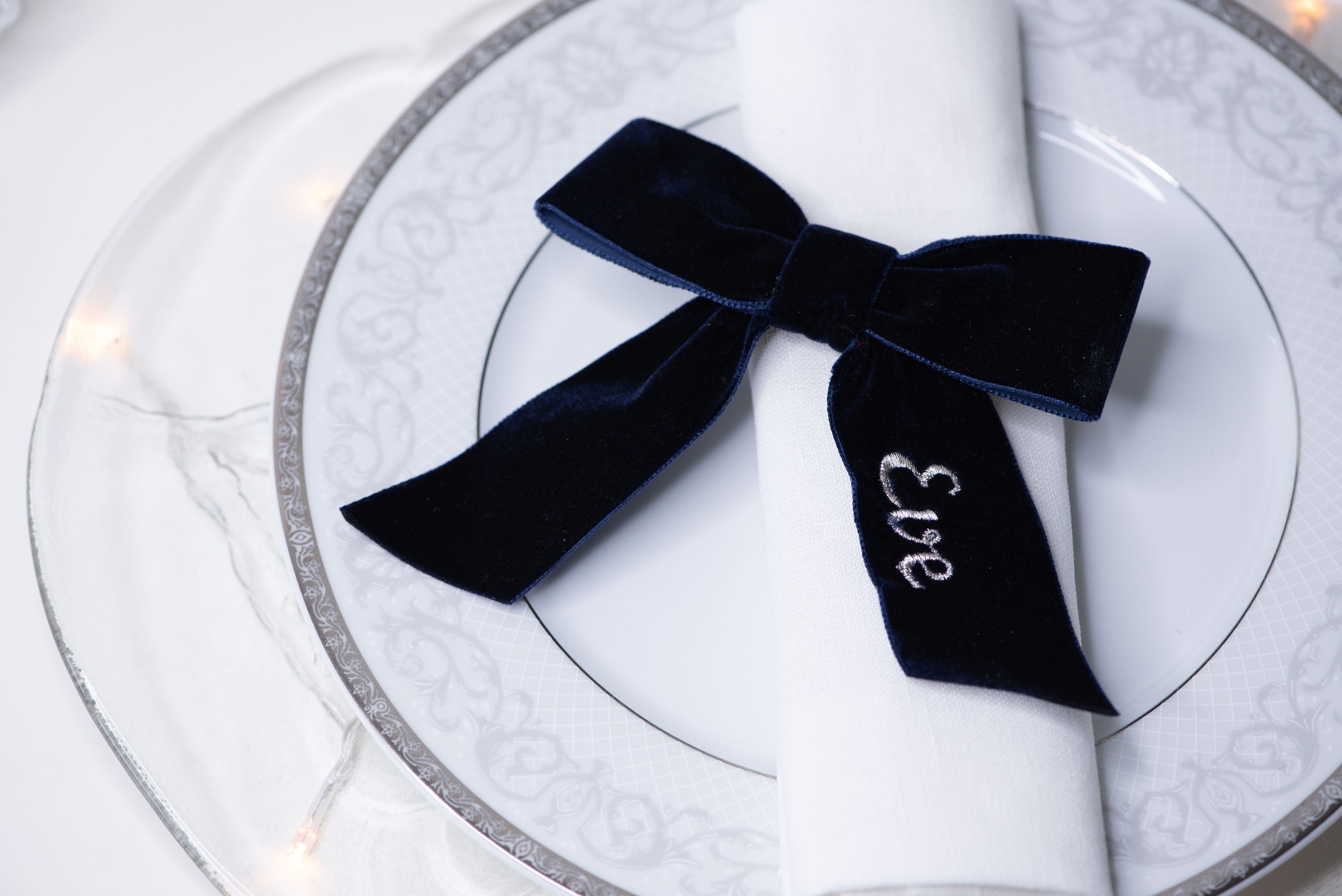 Personalized Velvet Bow Place Setting, Embroidered Ribbon Bow for ...