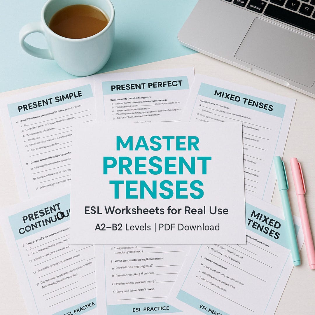 Present Verb Tenses ESL Worksheets, A2-B2 English Learning (PDF) - Etsy