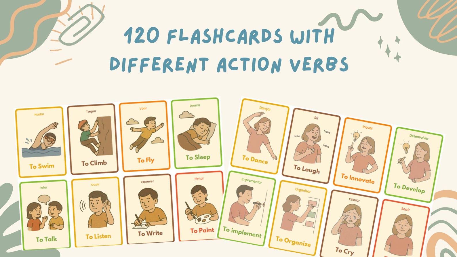 120 Bilingual Action Verb Flashcards | English and Portuguese Verbs for ...