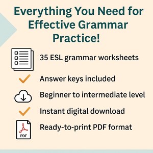 ESL Grammar Worksheets, 35 English Practice Sheets (PDF) - Etsy
