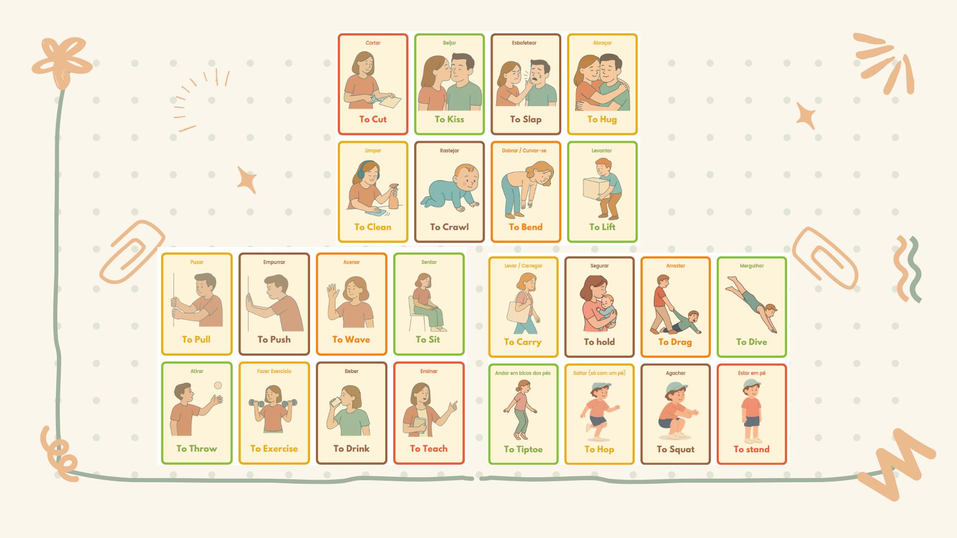 120 Bilingual Action Verb Flashcards | English and Portuguese Verbs for ...